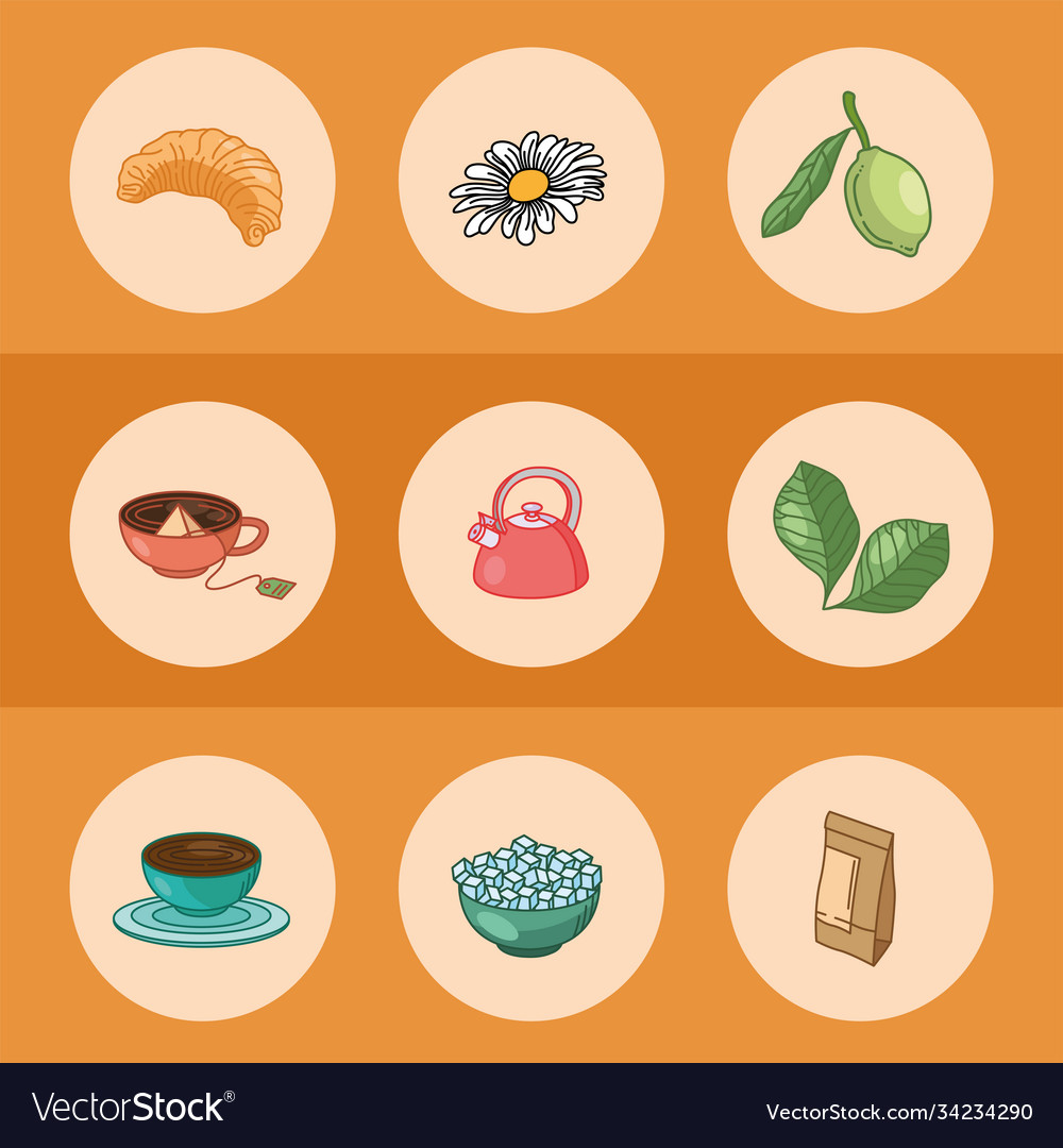 Tea line and fill style icon set design Royalty Free Vector
