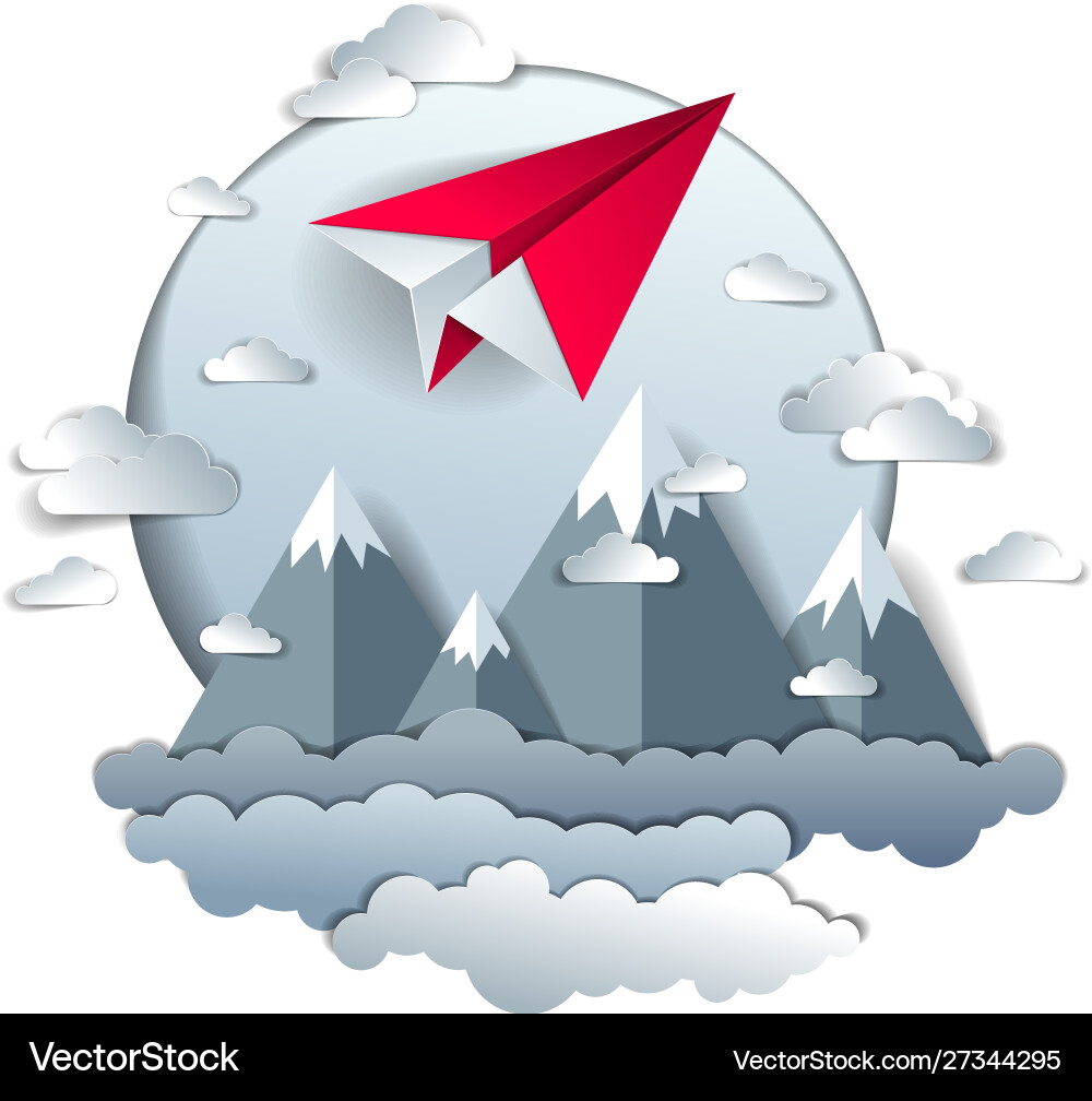 Paper plane flying in cloudy sky over scenic Vector Image