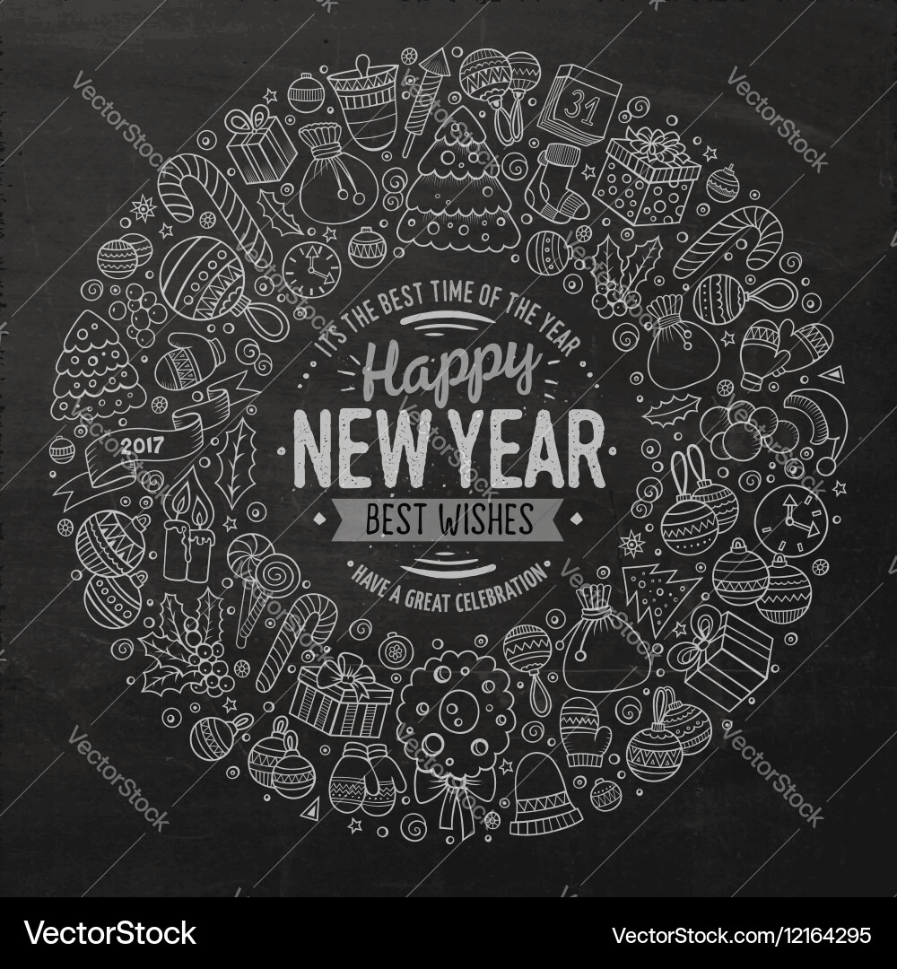 Set of new year cartoon doodle objects round frame