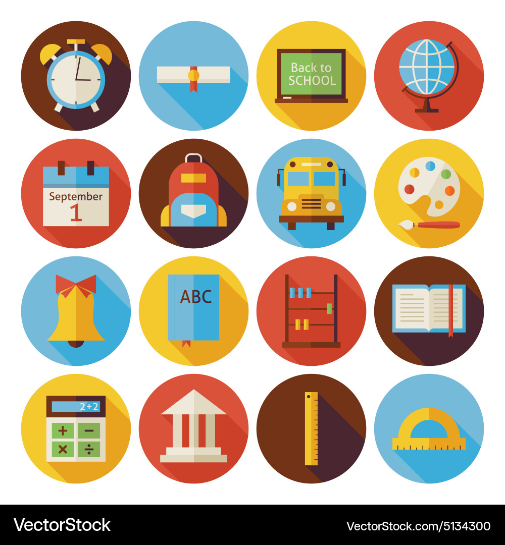 Flat back to school circle icons set with long Vector Image