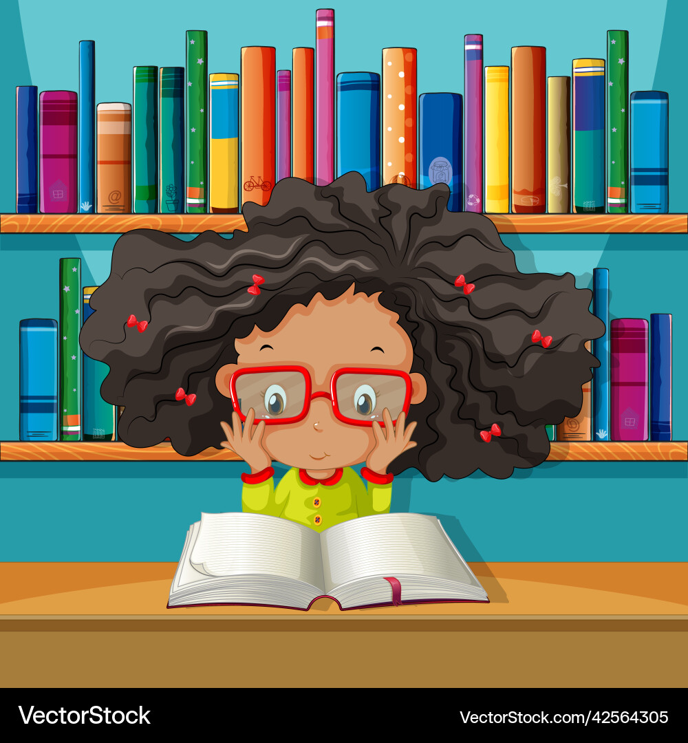 A girl reading book in library Royalty Free Vector Image