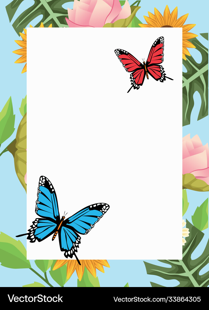Floral background in square frame with butterflies