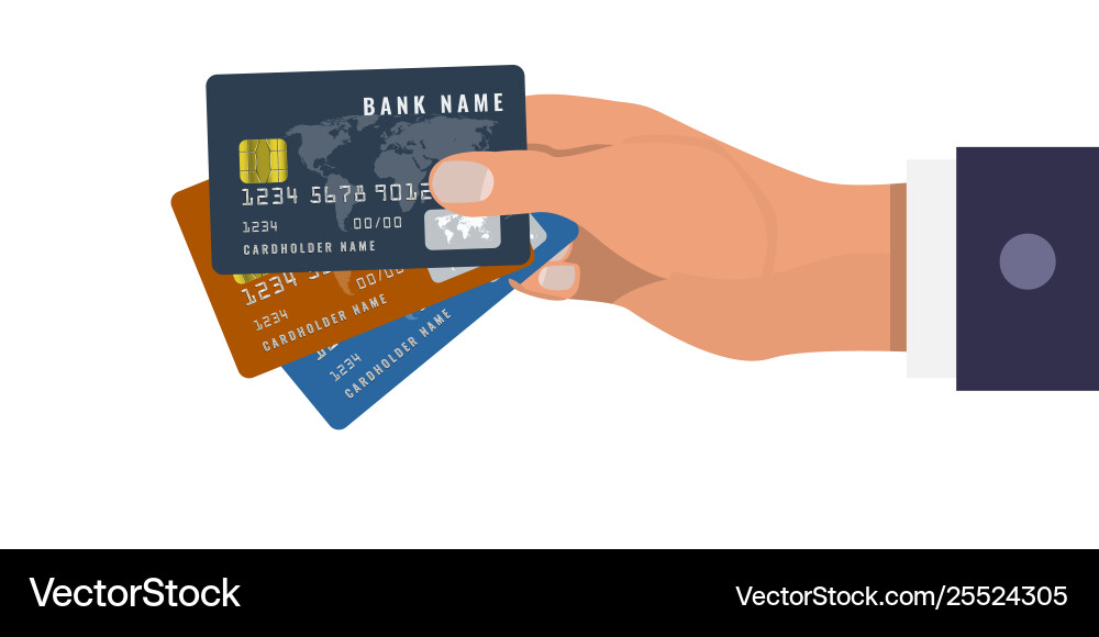 Hand holds three credit cards in three different Vector Image