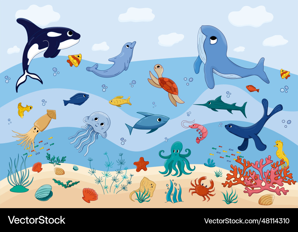 Cartoon underwater world scene ocean Royalty Free Vector