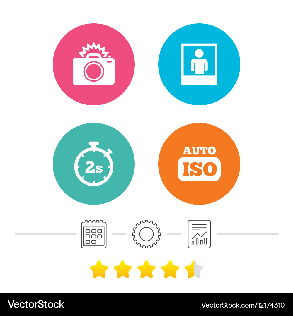 Photo camera icon Flash light and Auto ISO Vector Image