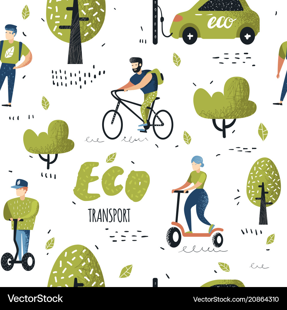 Seamless pattern with people riding eco transport Vector Image