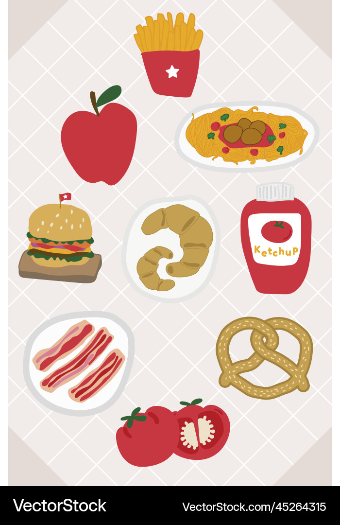 Cute food doodle sticker set Royalty Free Vector Image