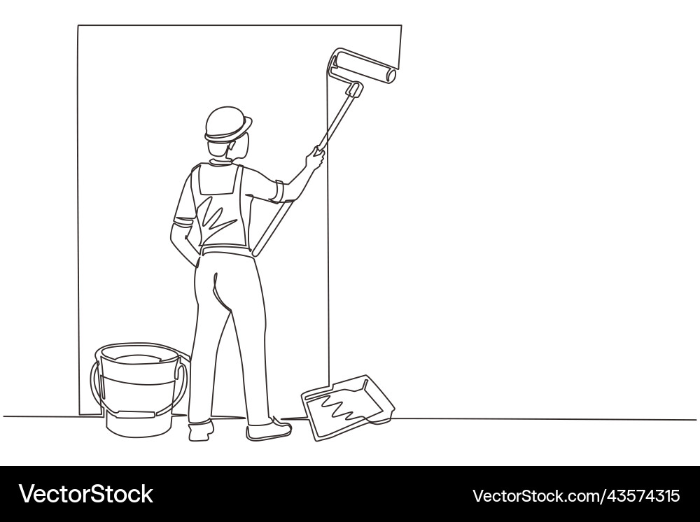 Single one line drawing man painting wall Vector Image
