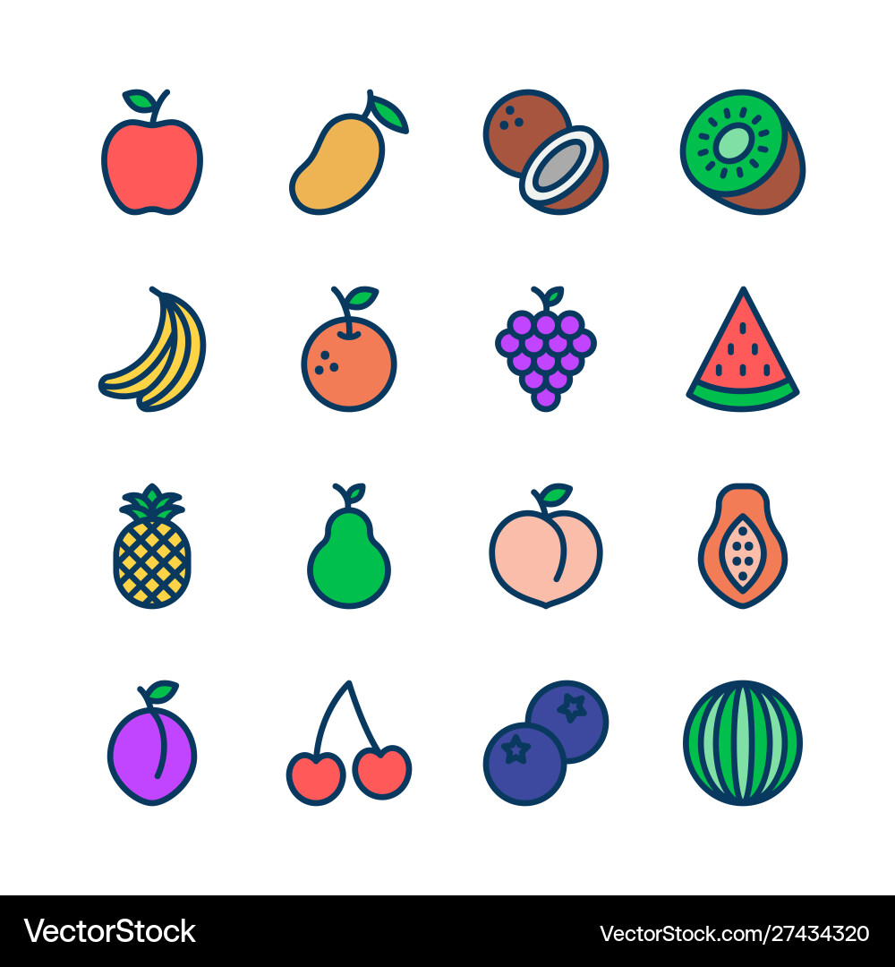 Fruit line icons set fill outline style Royalty Free Vector