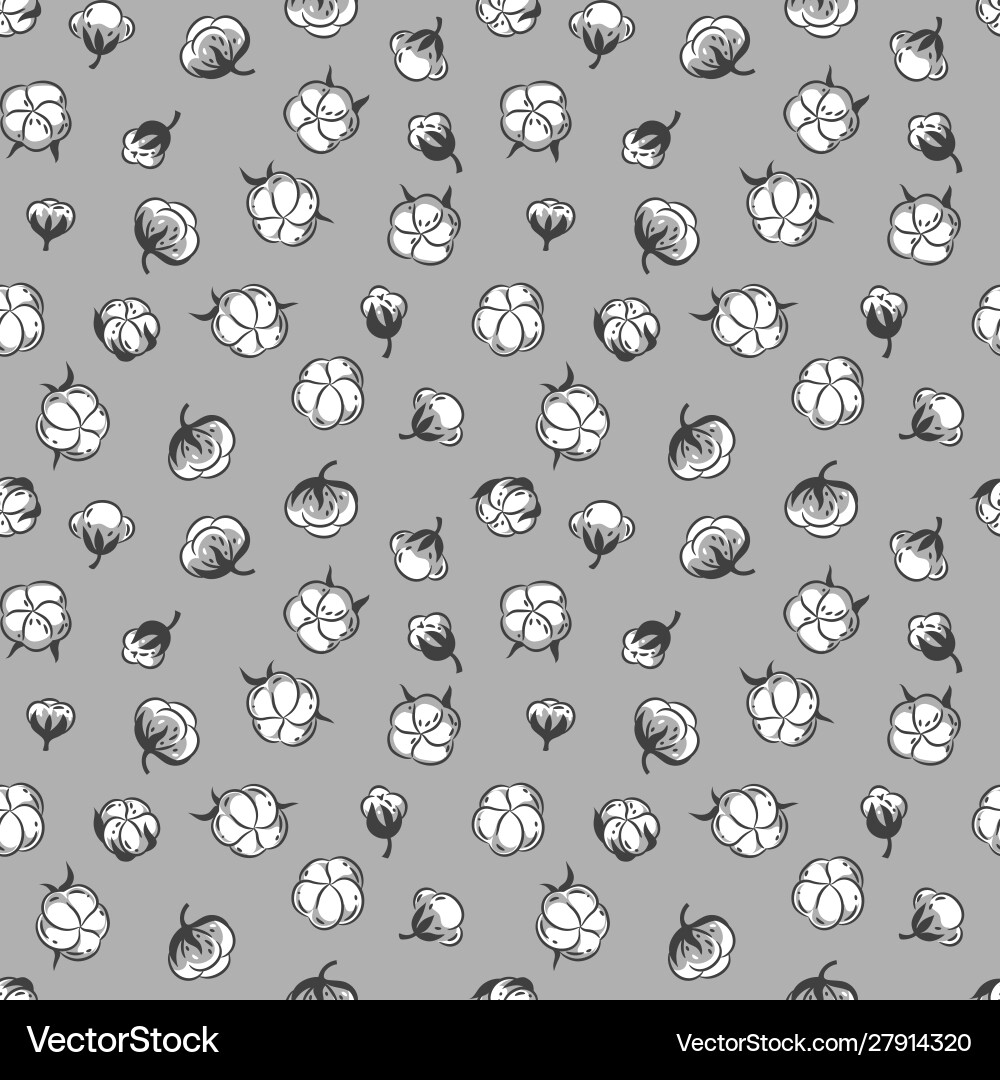 Hand drawn cotton plant seamless pattern on gray Vector Image