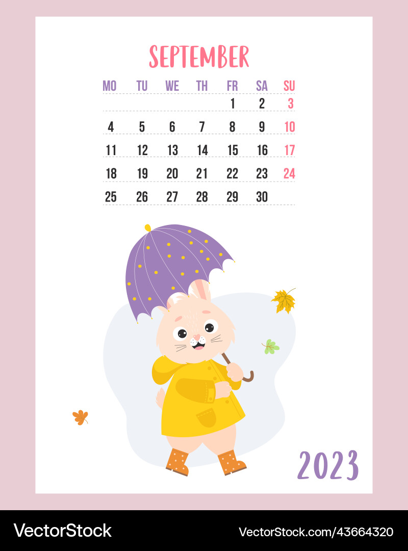 September 2023 calendar cute bunny Royalty Free Vector Image
