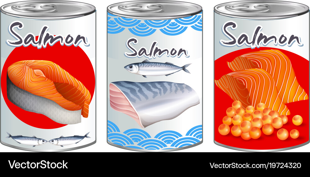 Three canned food design for salmon Royalty Free Vector