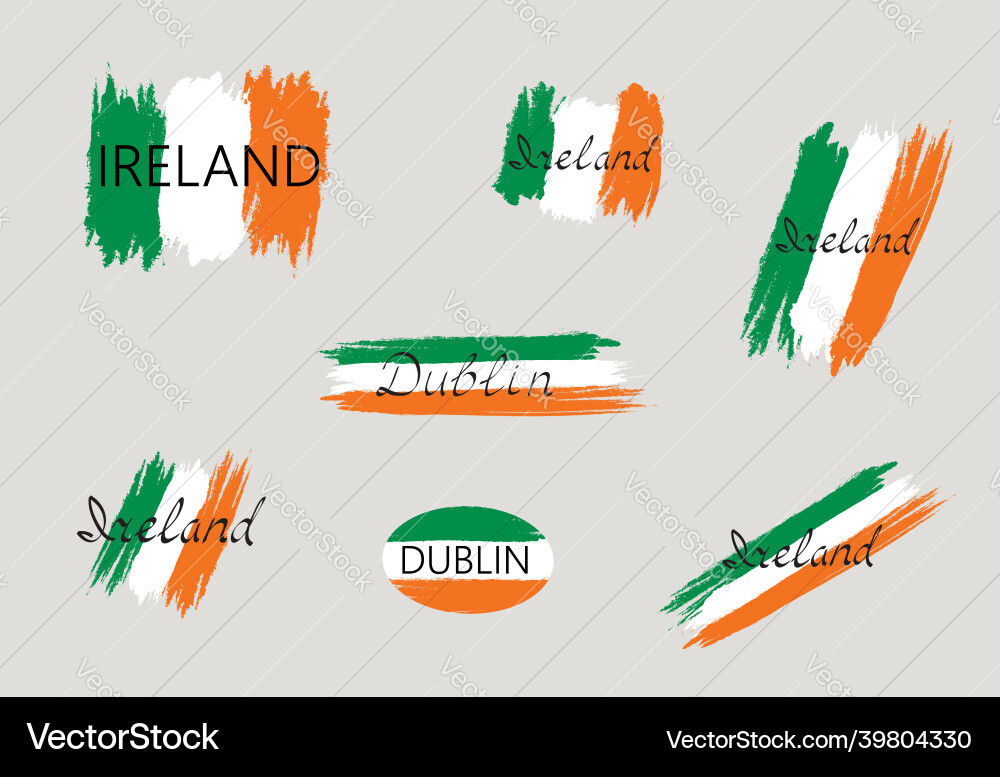 Irish flag set with handwritten lettering ireland Vector Image