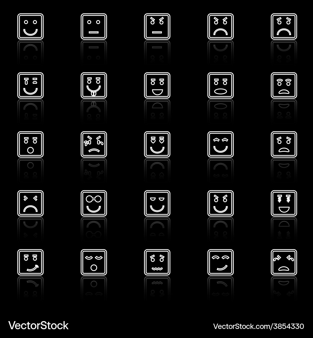 Square face line icons with reflect on black Vector Image
