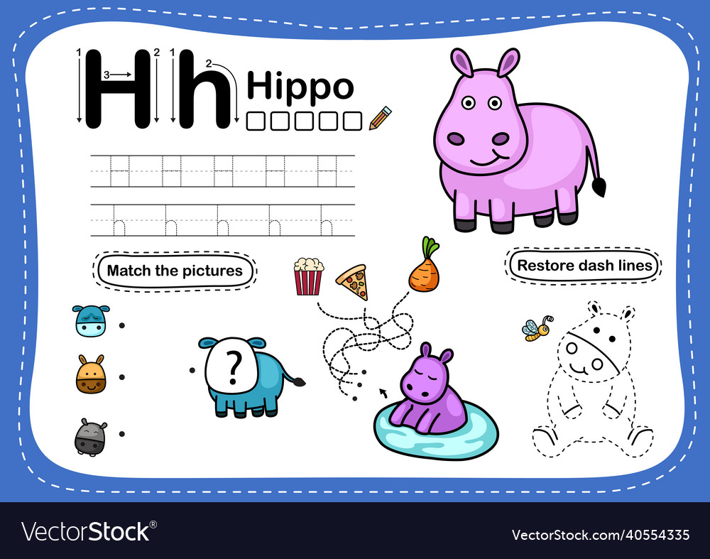 Alphabet letter h-hippo exercise with cartoon Vector Image
