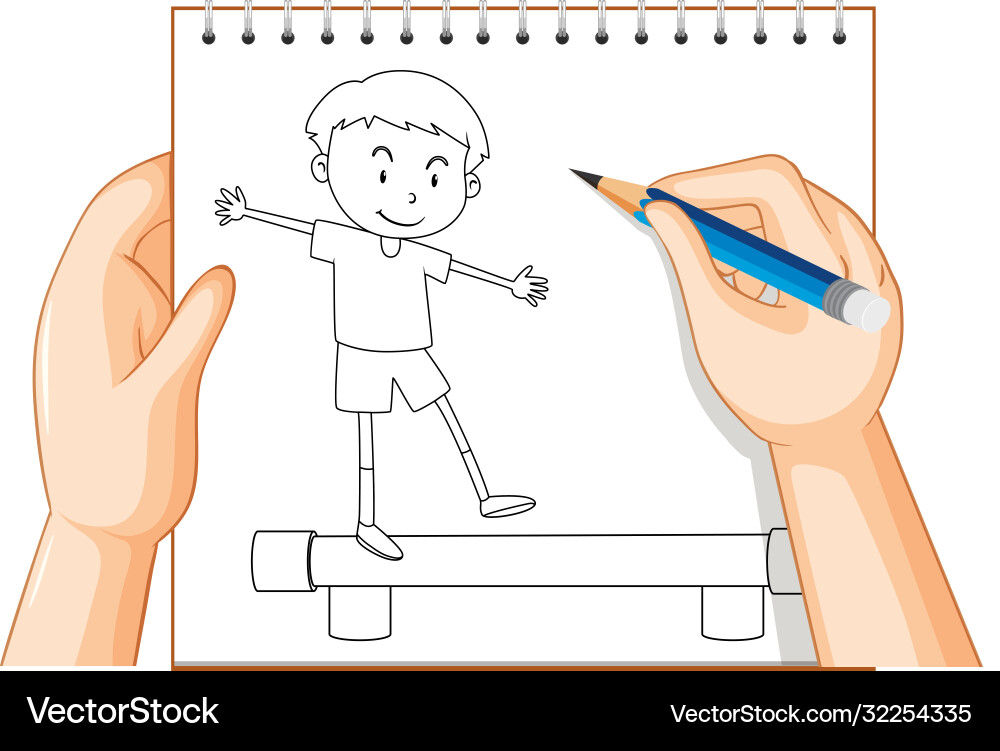 Hand writing boy standing balance outline Vector Image
