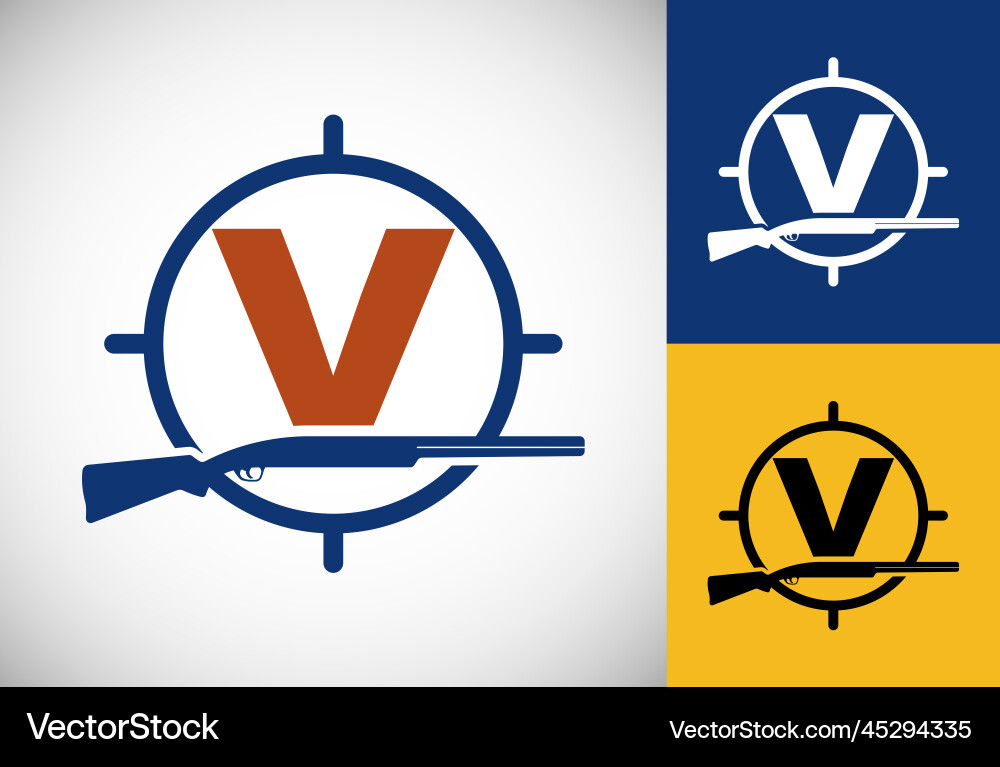 Initial alphabet v with gun and target sign Vector Image