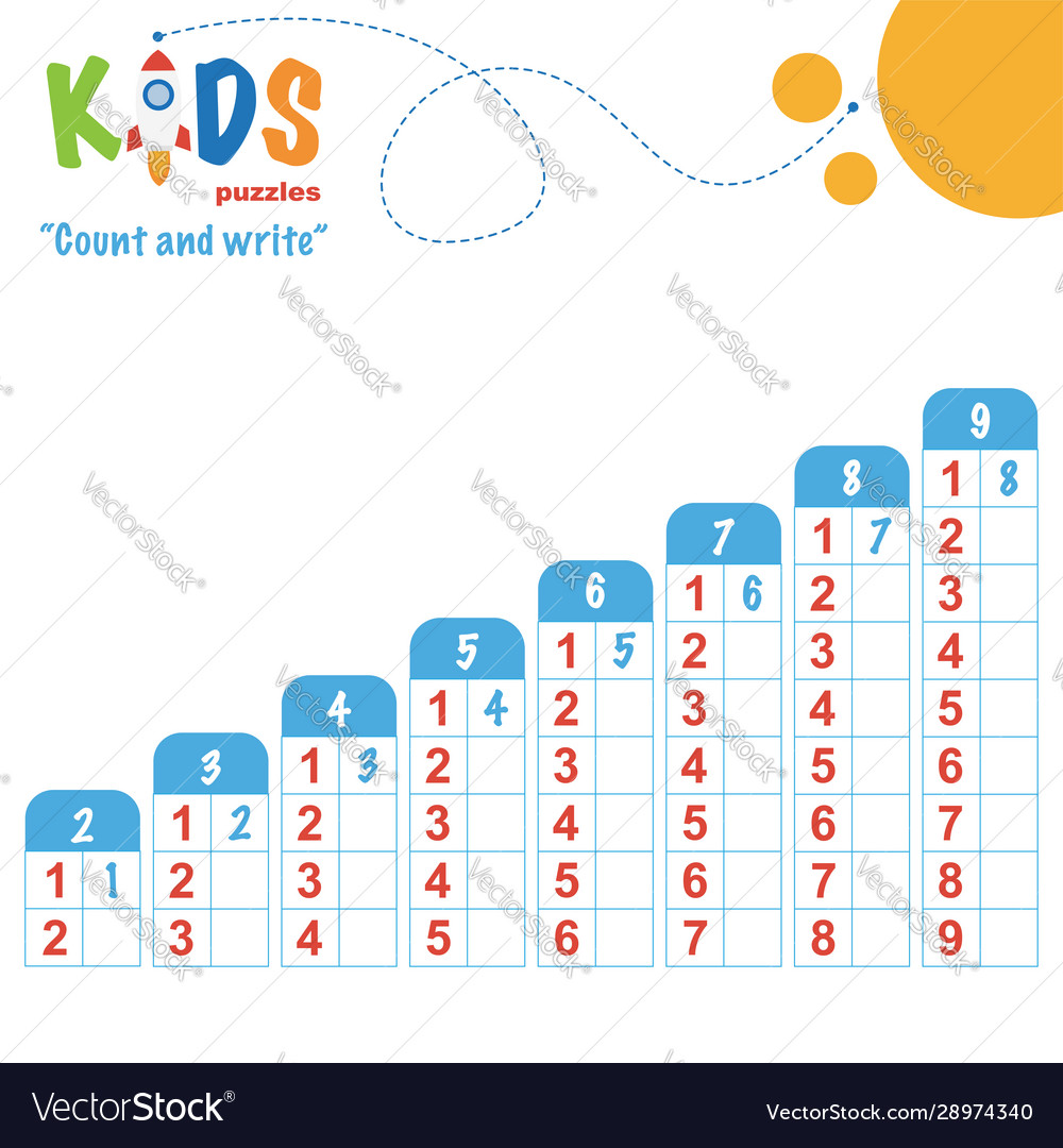Easy colorful math count and write worksheet Vector Image
