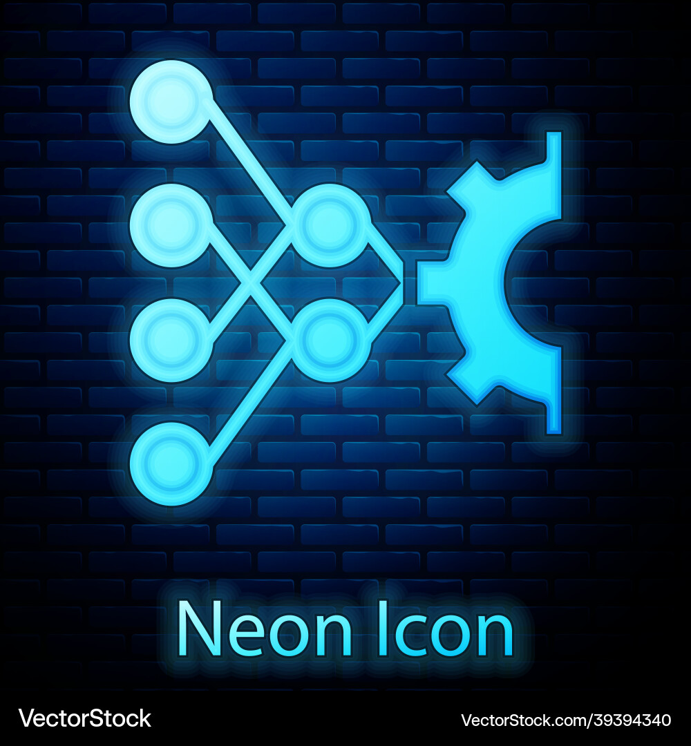 Glowing neon neural network icon isolated on brick