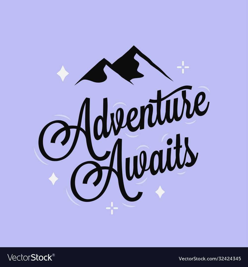Adventure awaits logo lettering on blue background