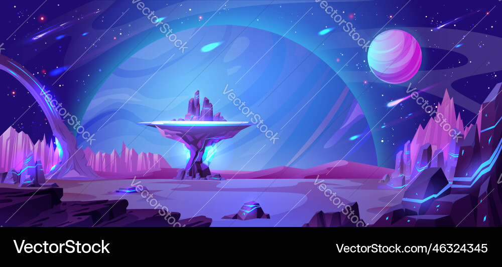 Alien planet surface neon color meteor shower Vector Image