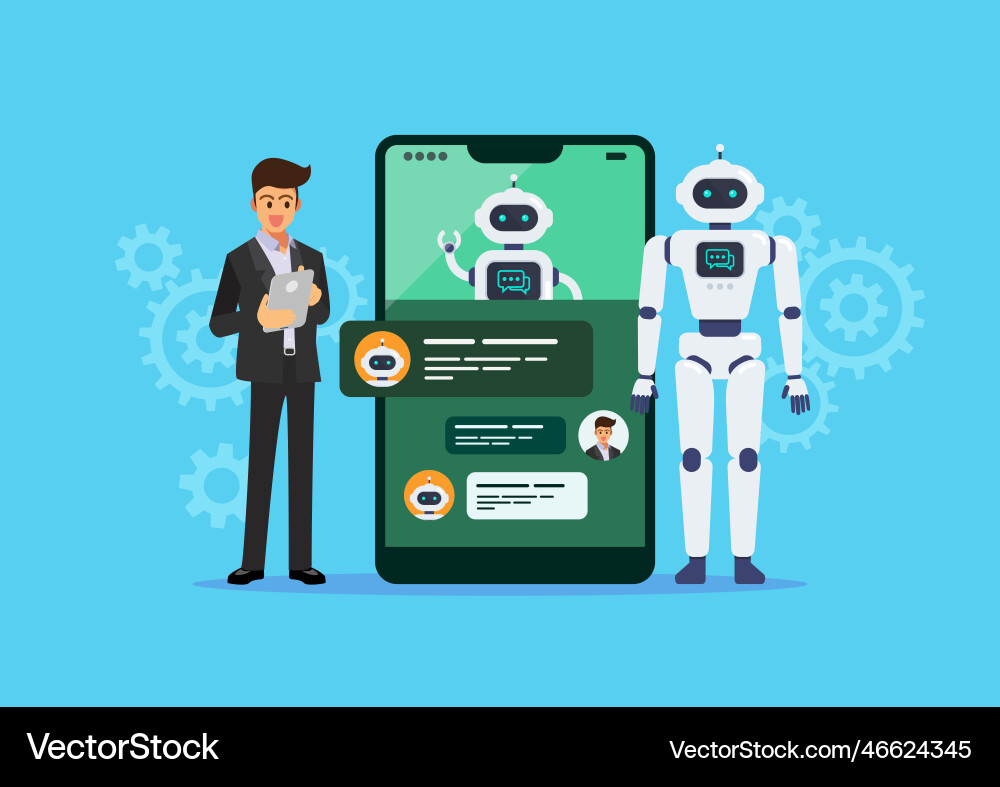 Businessman is talking or chatting with chat bot Vector Image
