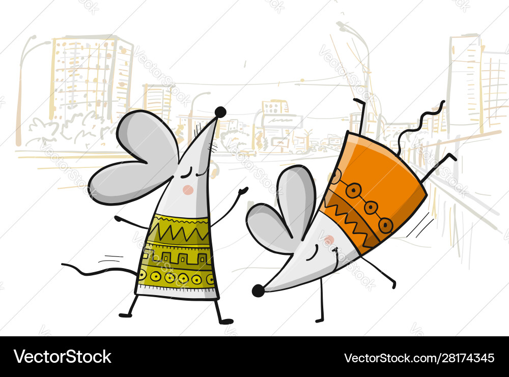Funny mouses party cityscape background Royalty Free Vector