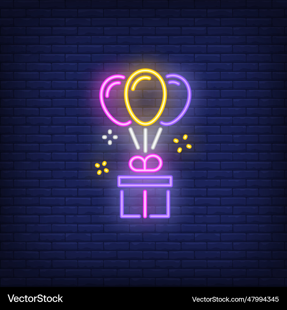 Gift box with balloons neon sign Royalty Free Vector Image