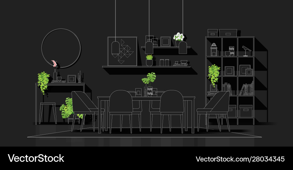 Modern dining room in white line sketch Royalty Free Vector