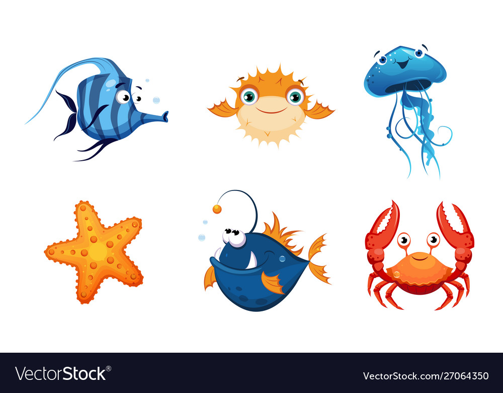 Cute friendly sea creatures set colorful sea Vector Image