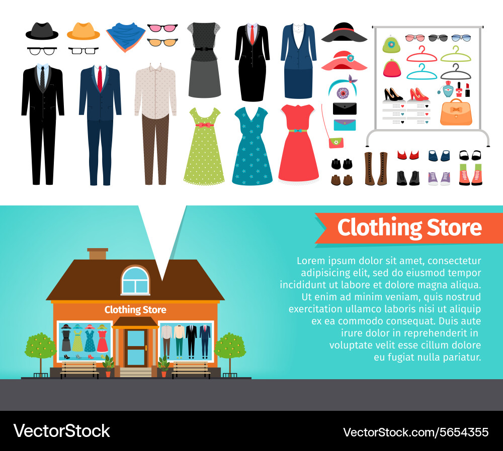 Clothing store set clothes and building Royalty Free Vector