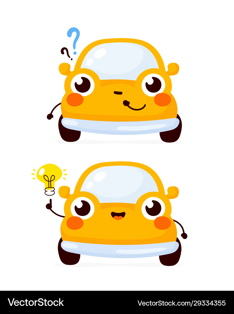 Cute happy yellow automobile car with question Vector Image