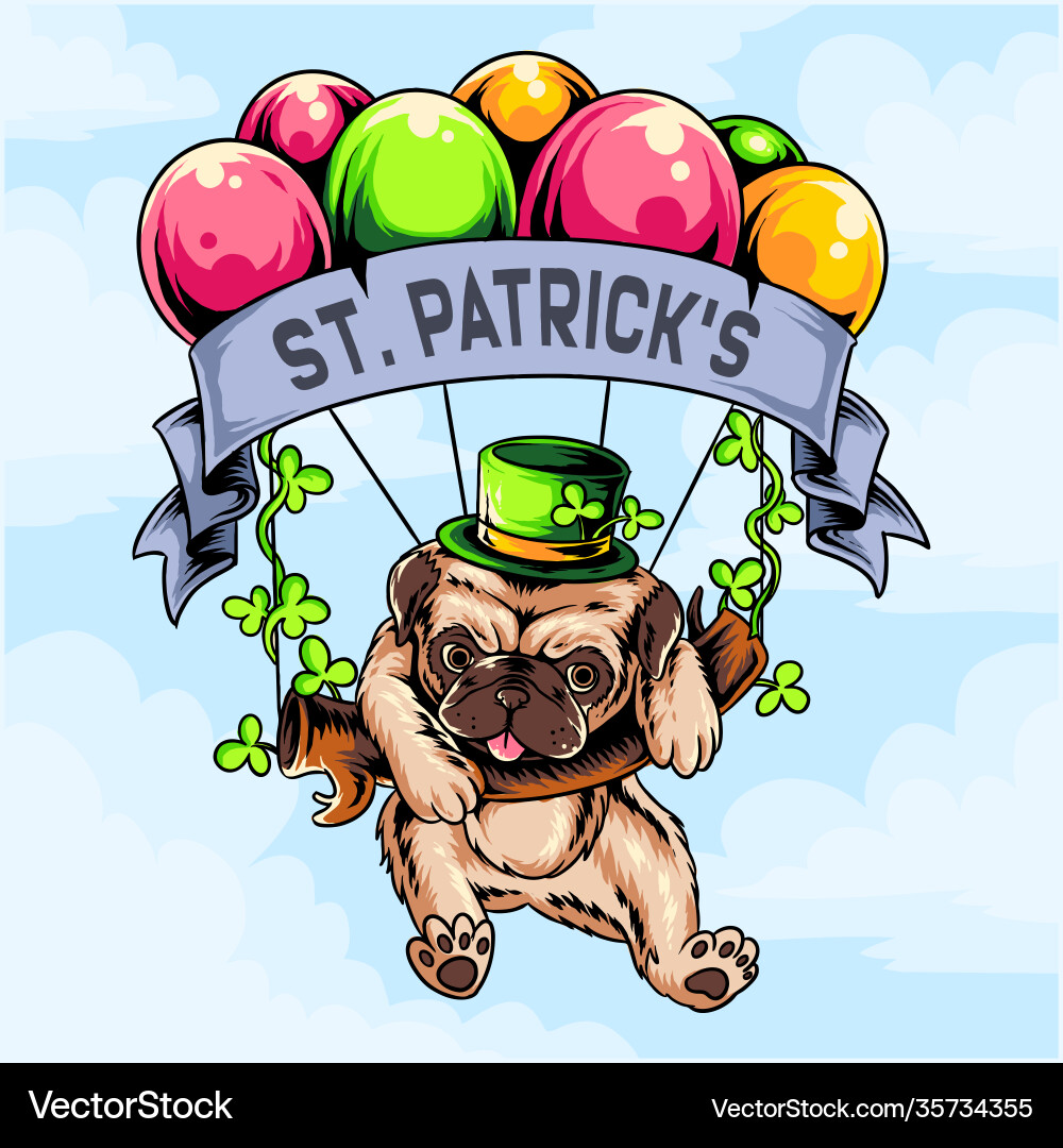 St patricks day pug dog flying with balloon Vector Image