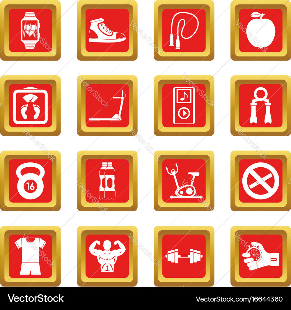 Fitness icons set red Royalty Free Vector Image