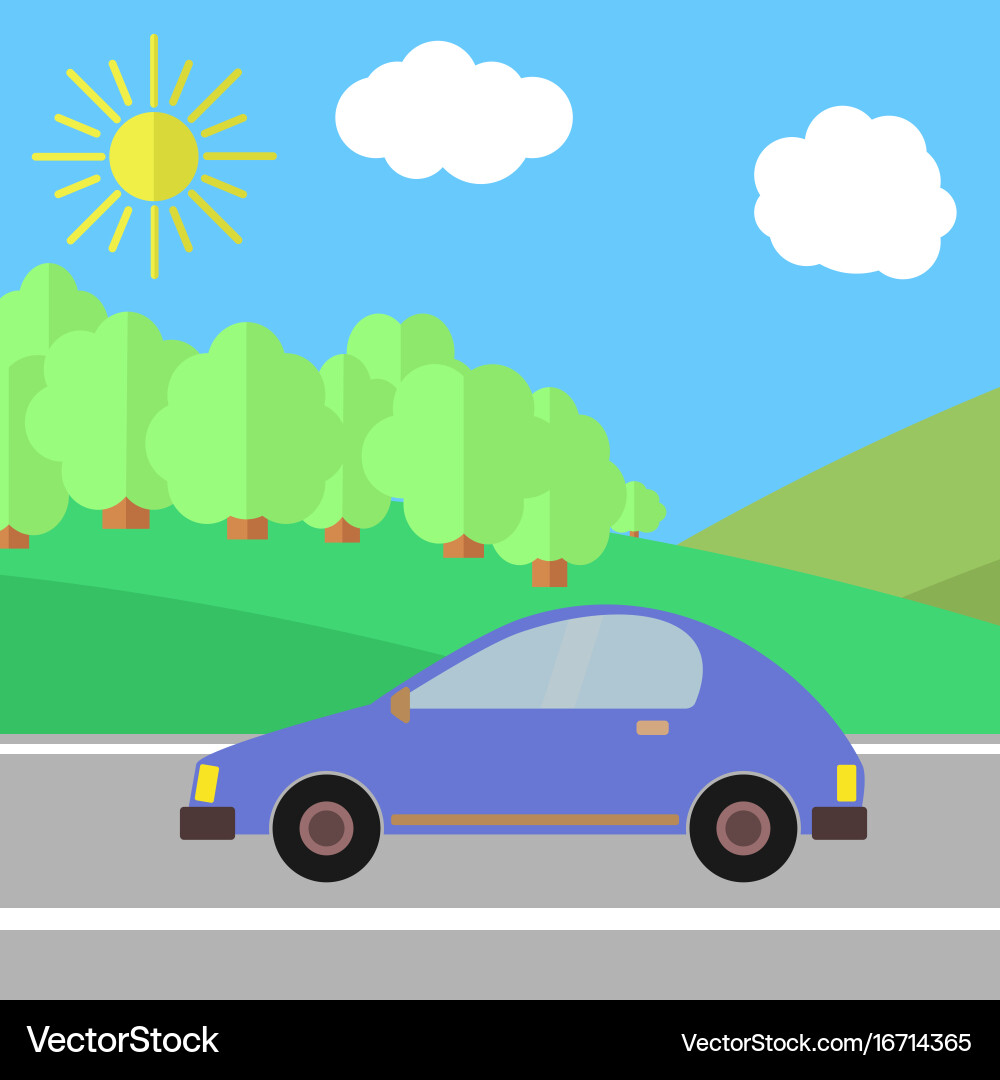 Blue car on a road sunny day Royalty Free Vector Image