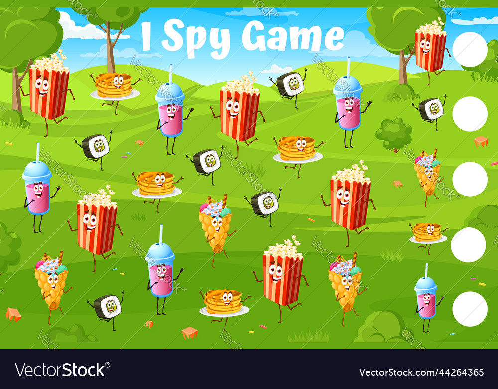I spy game worksheet cartoon fast food desserts Vector Image
