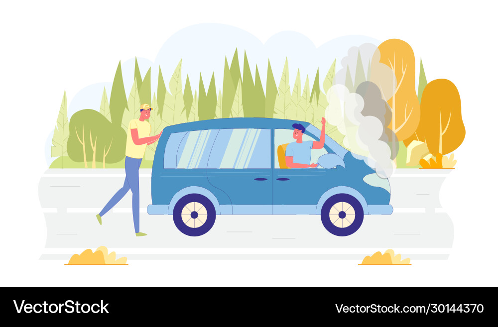 Friend man pushes broken car on forest background Vector Image