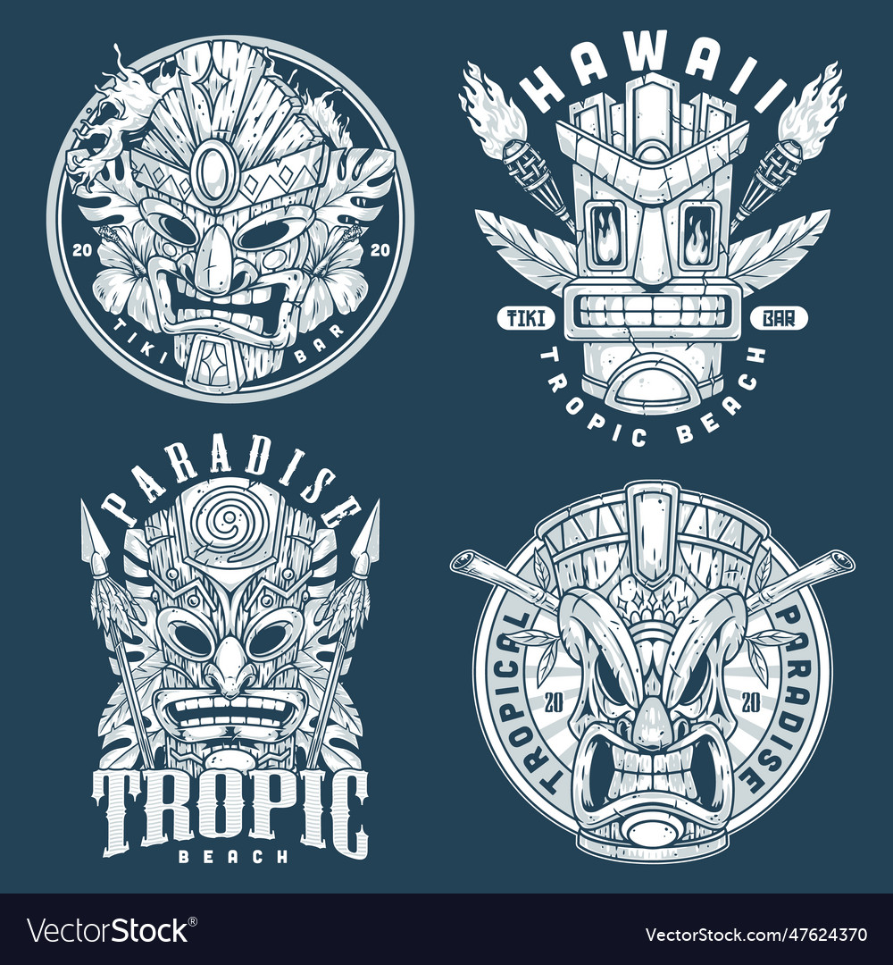 Hawaiian masks set flyers monochrome Royalty Free Vector