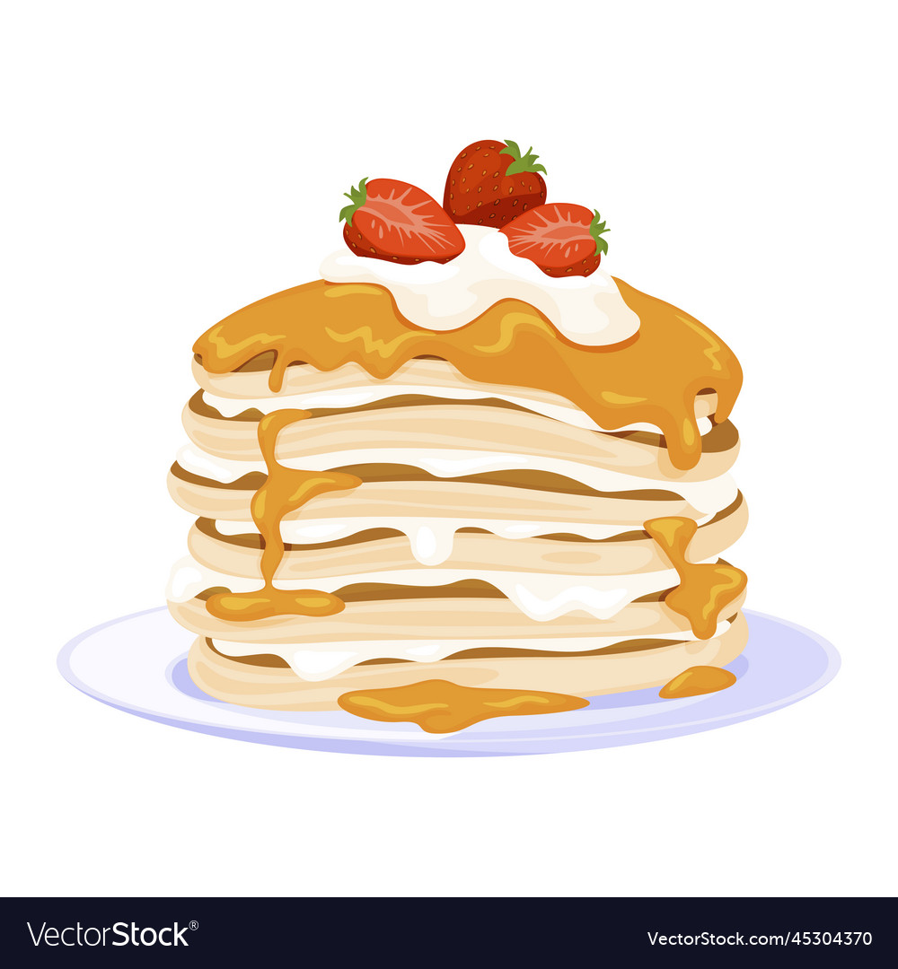 Pancakes stack with whipped cream and strawberry Vector Image