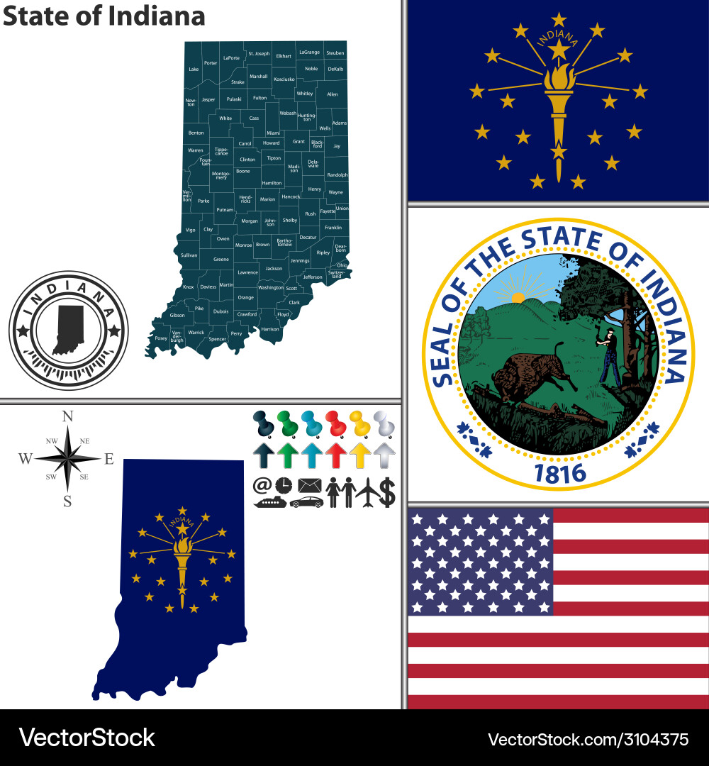 Map of Indiana with seal Royalty Free Vector Image
