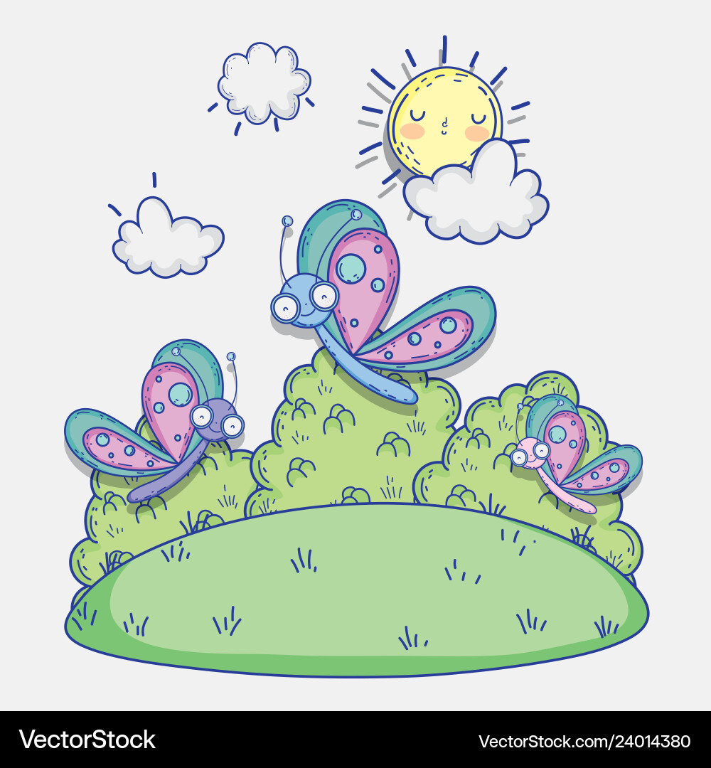 Butterflies insects animals with sun and clouds Vector Image