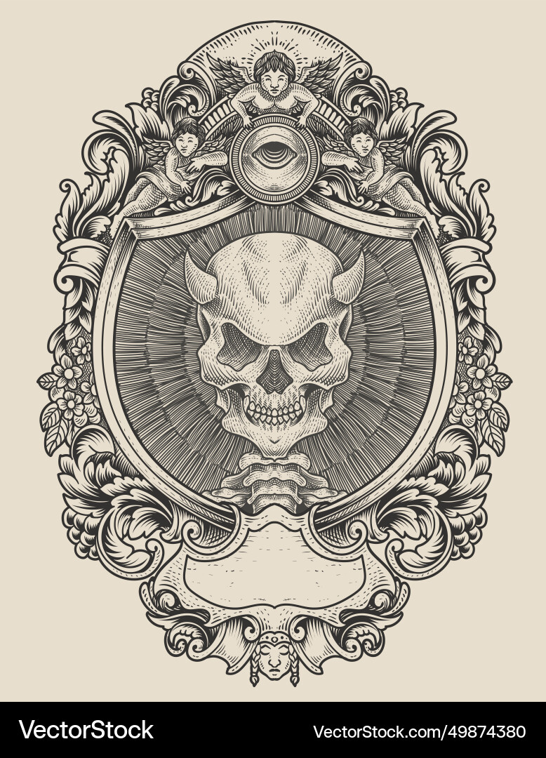 Demon skull with engraving ornament style Vector Image