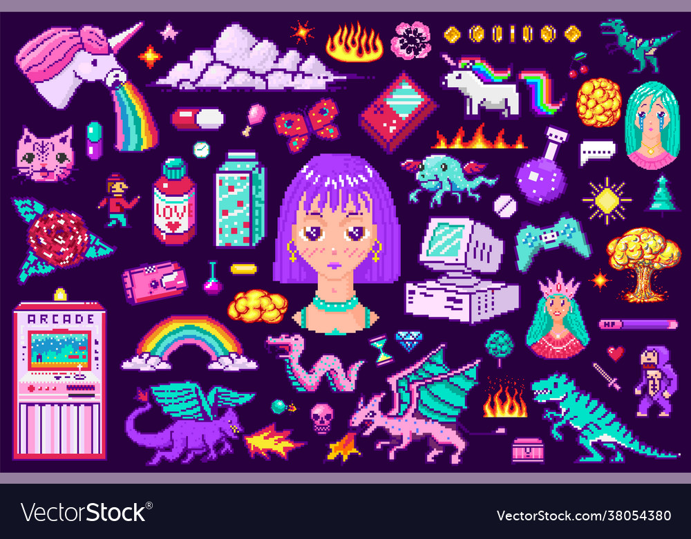 Pixel art 8 bit objects retro digital game assets Vector Image