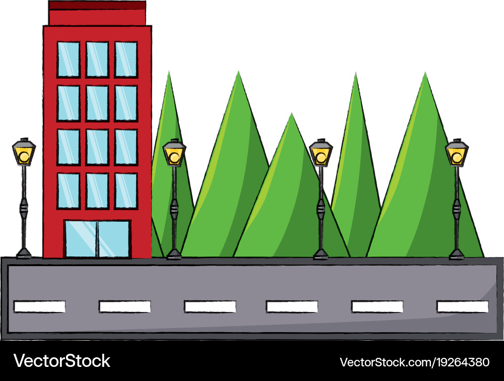 Road with city buildings Royalty Free Vector Image
