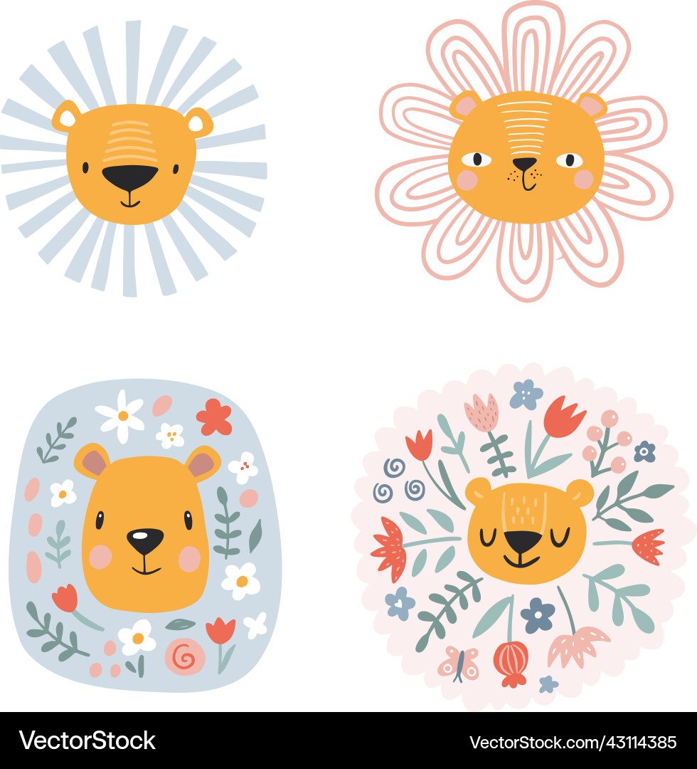 Cute lions with floral modern Royalty Free Vector Image