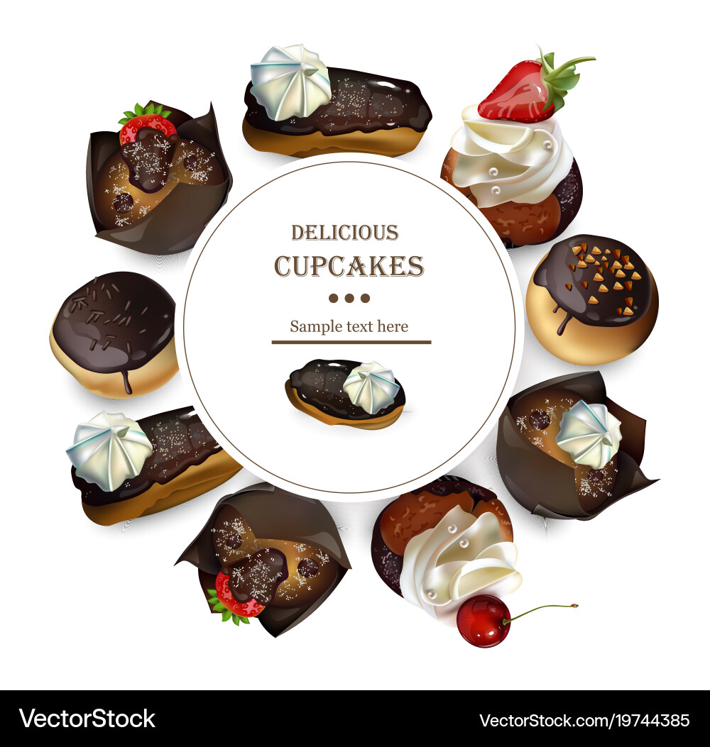 Delicious cakes round card realistic Royalty Free Vector