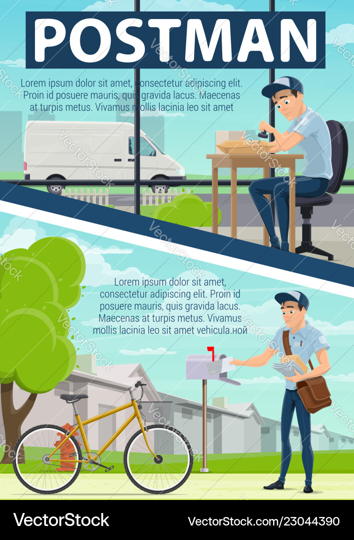 Postman poster with post office and mail delivery Vector Image