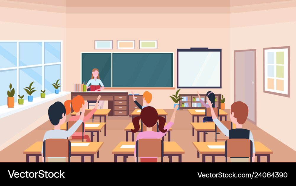 Pupils raising hands to answer question teacher Vector Image