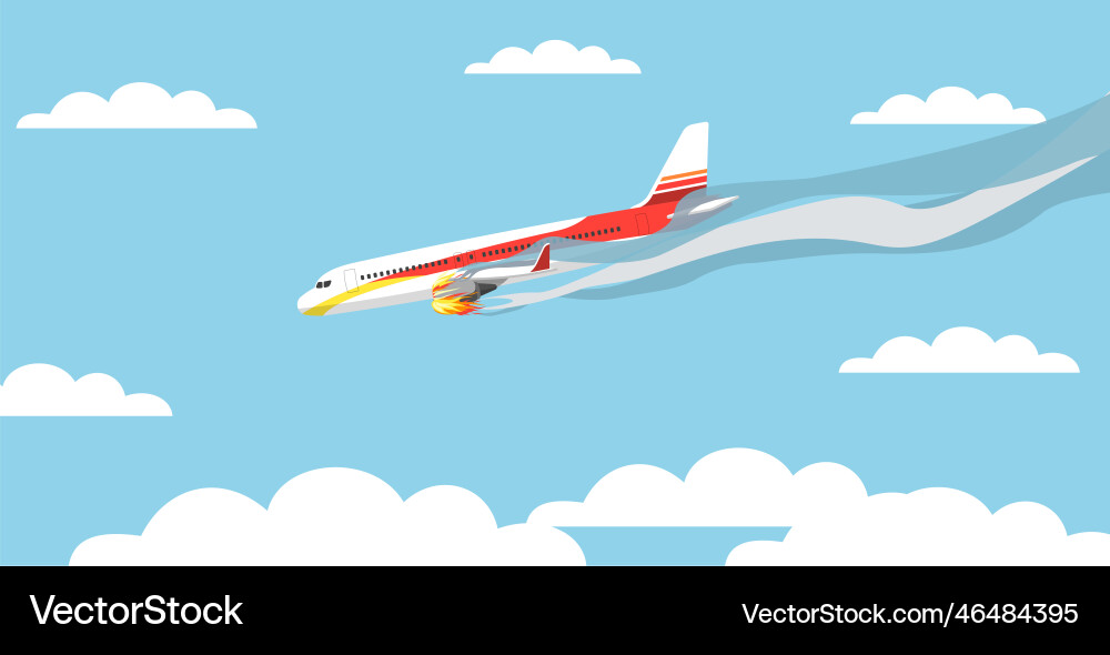 Airplane crash plane with burning engine goes Vector Image