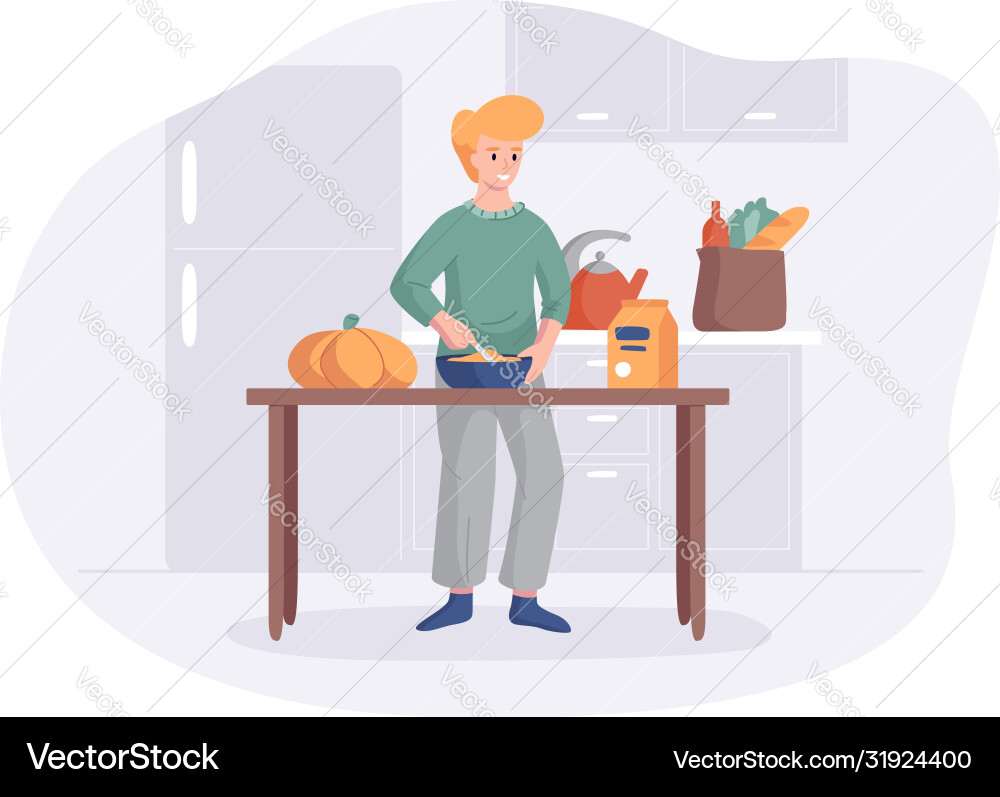 Adorable man cooking on kitchen table cartoon Vector Image